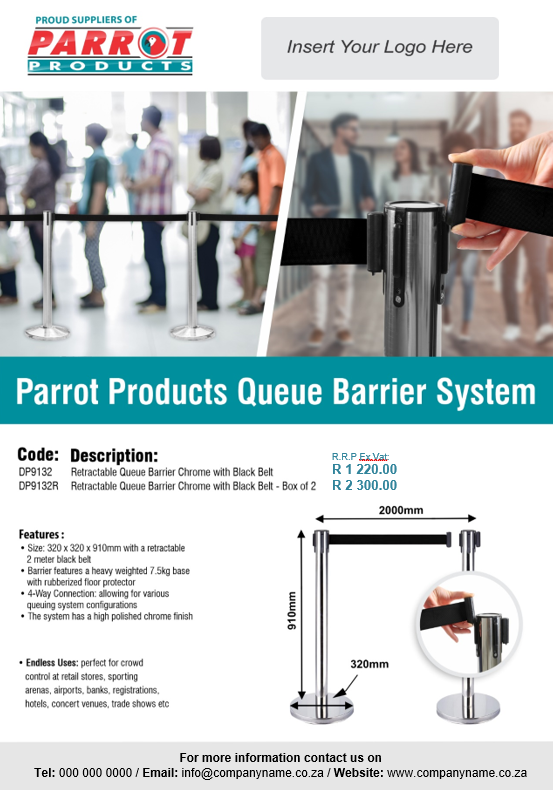 Retractable Chrome Queue Barrier with Black Belt 910x320mm